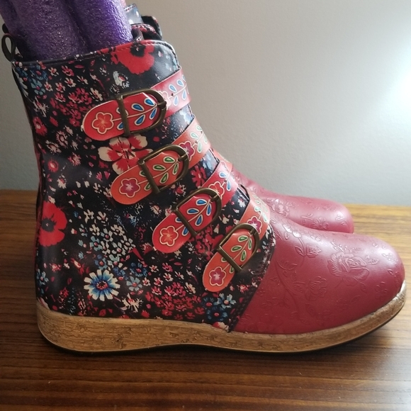 Shoes | Red Floral Boho Boots Nwot | Poshmark